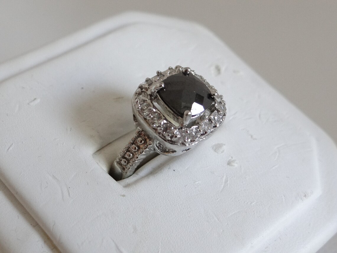 Black Faceted Square Rhinestone Ring on a Silver Tone Setting | Etsy