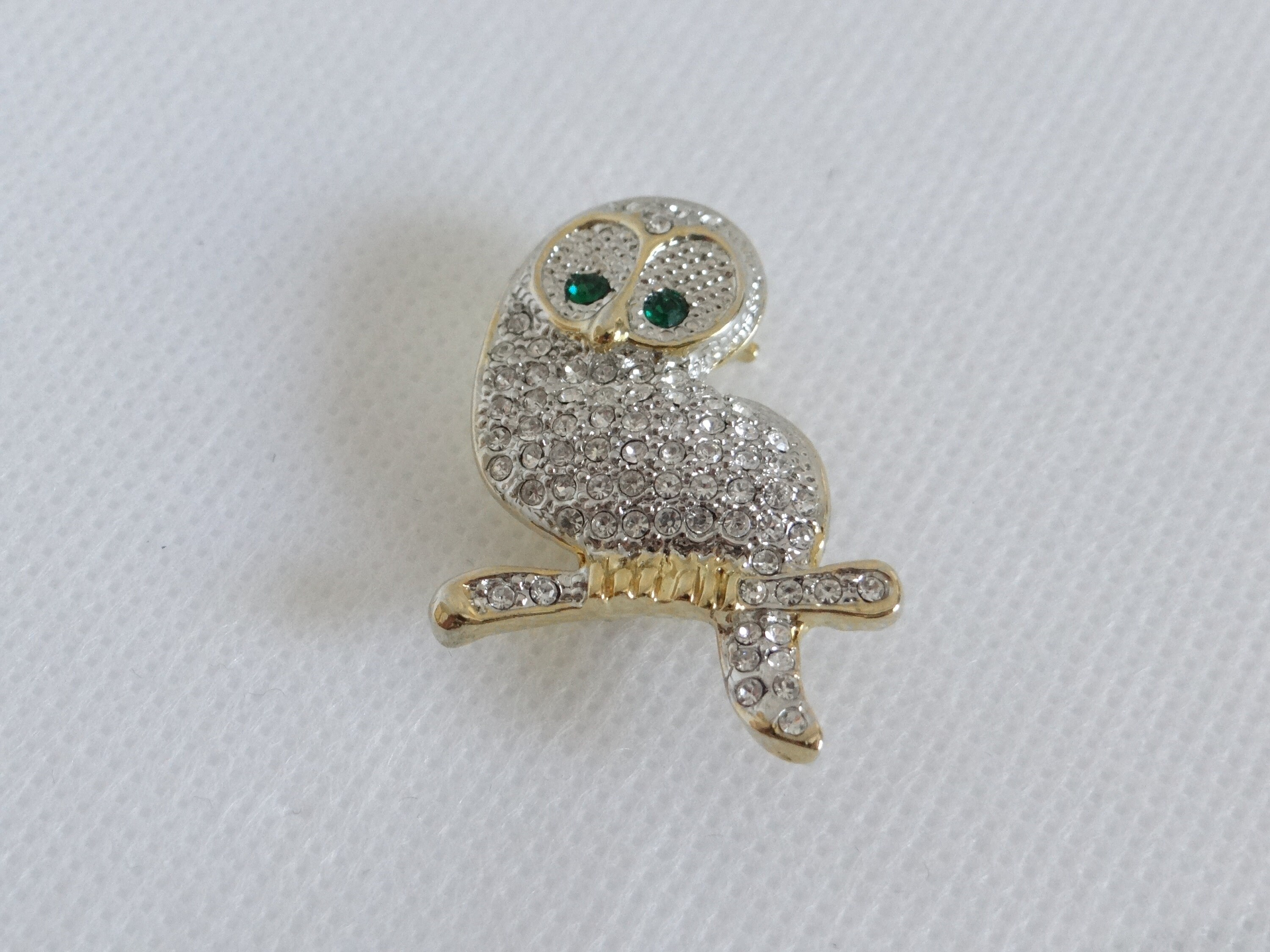 Vintage Rhinestone Owl Brooch Pin with Green Rhinestone Eyes | Etsy
