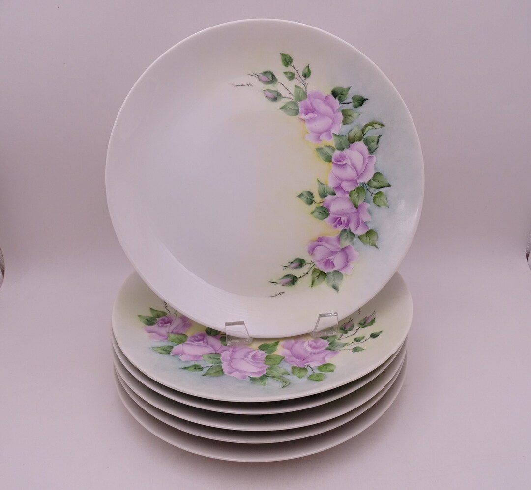 Vintage Set of 6 Hand Painted Pink Rose Dinner Plates Holiday China ...