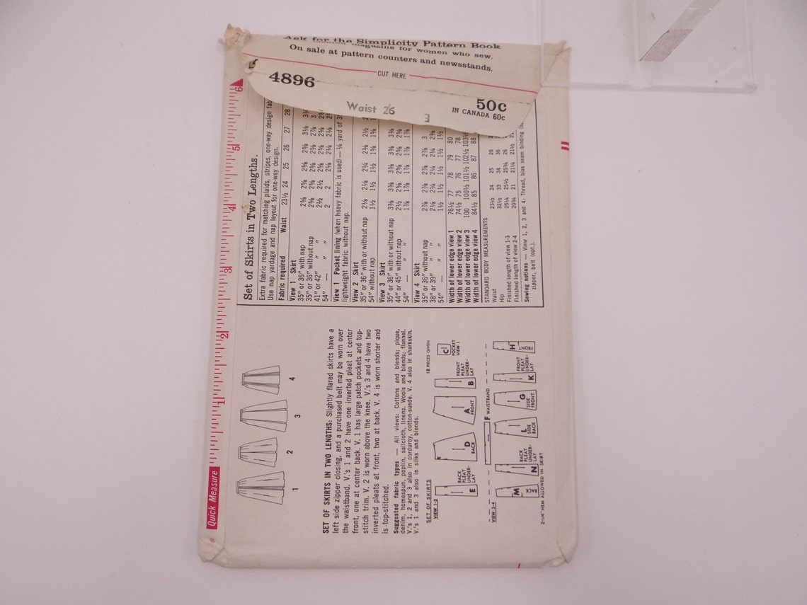 Vintage 1950s Simplicity Pattern #4896 Waist 26 Hip 36 - 1950s Full ...