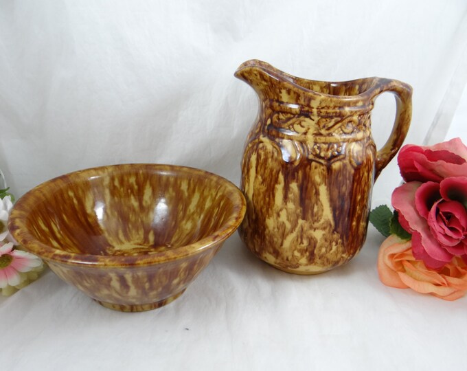 Antique Vintage Bennington Rockingham Glaze Stoneware Pitcher and Bowl ...
