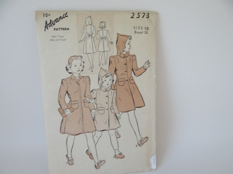 Vintage Advance Pattern #2573 - Girl's Size 10 - Girl's Coat Hat and ...
