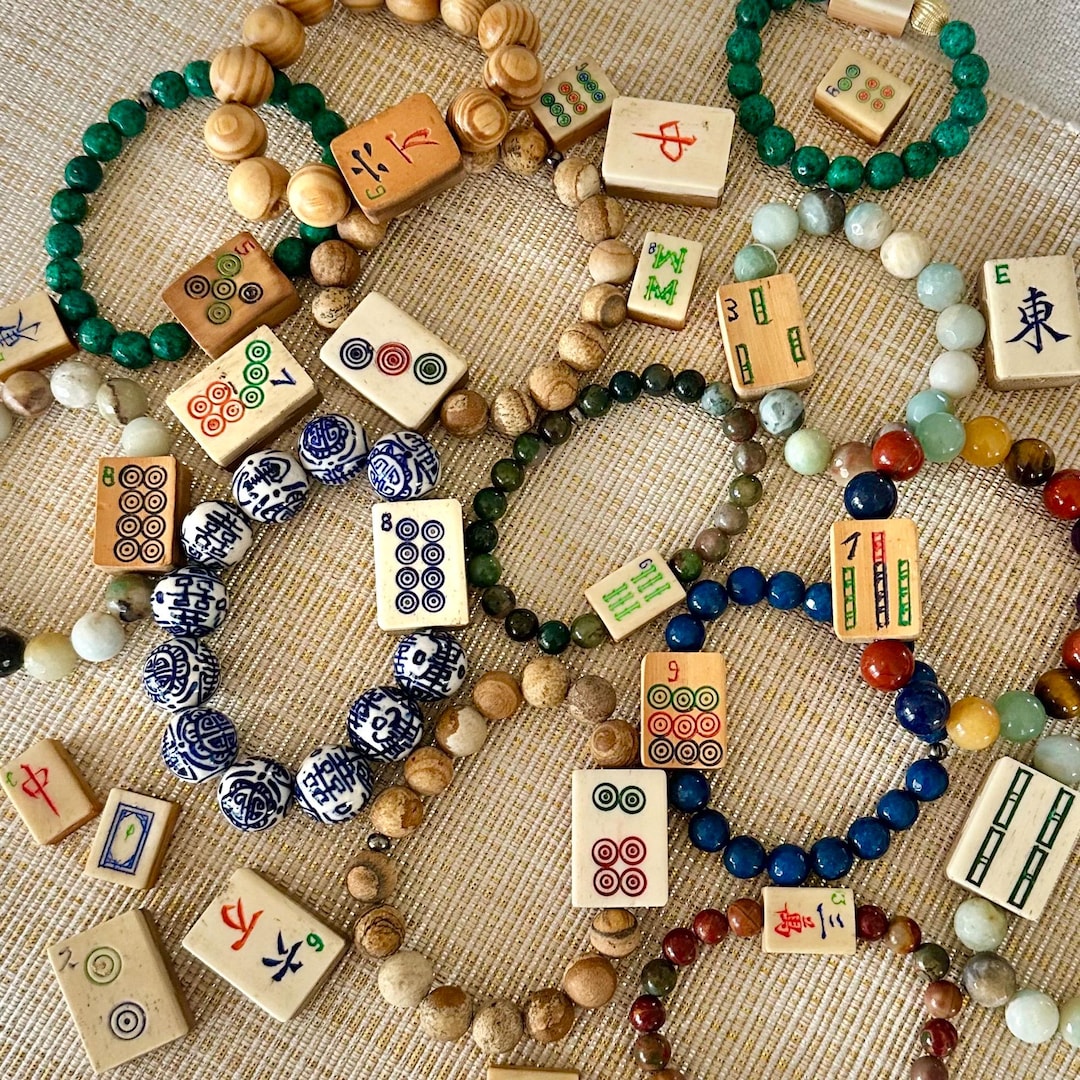 Men’s Mahjong Bracelet, Vintage Mahjong Tile Beaded Bracelet- Quartz ...