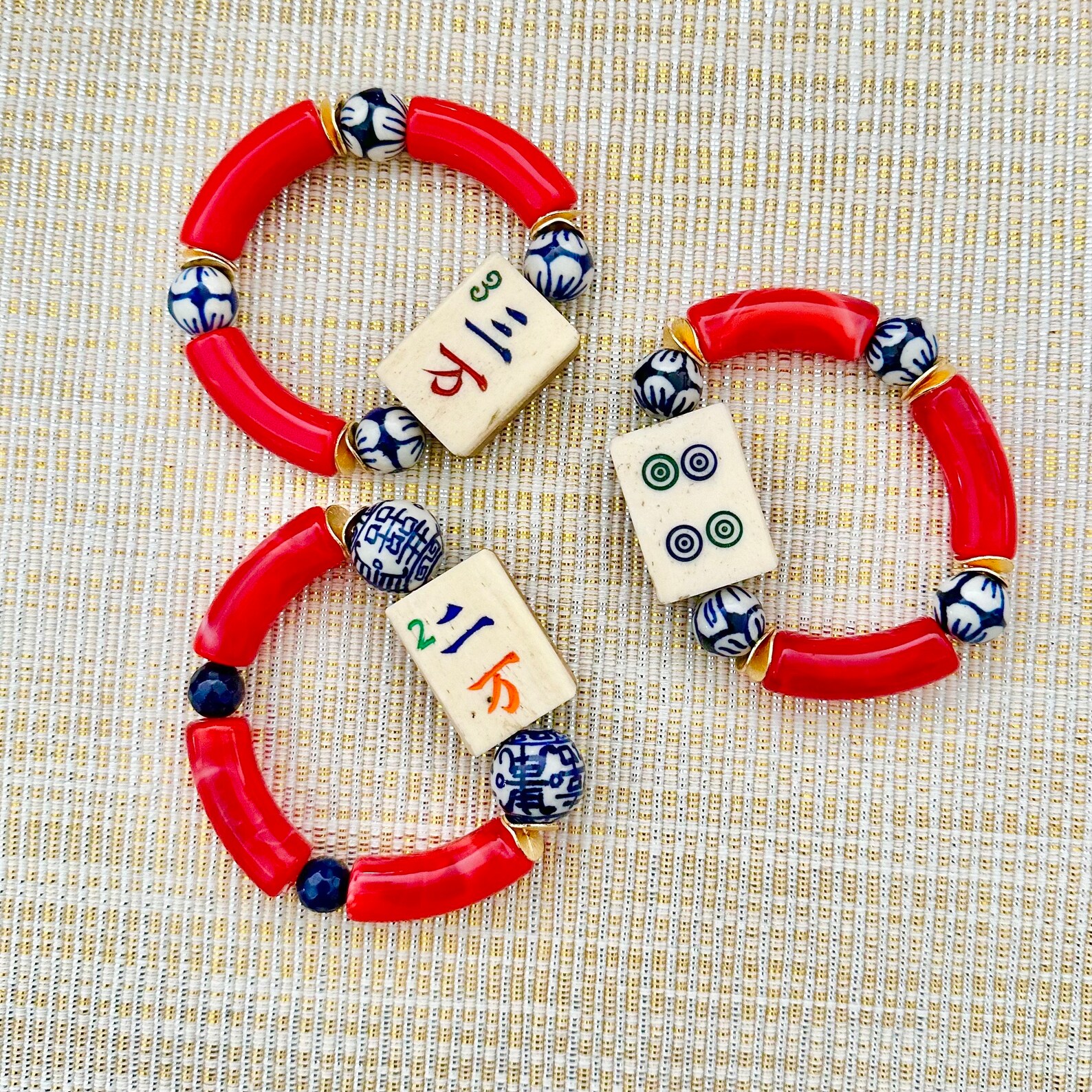 Mahjong Bracelet, Bone and Bamboo or Wood Mahjong Tile Beaded Stretch ...