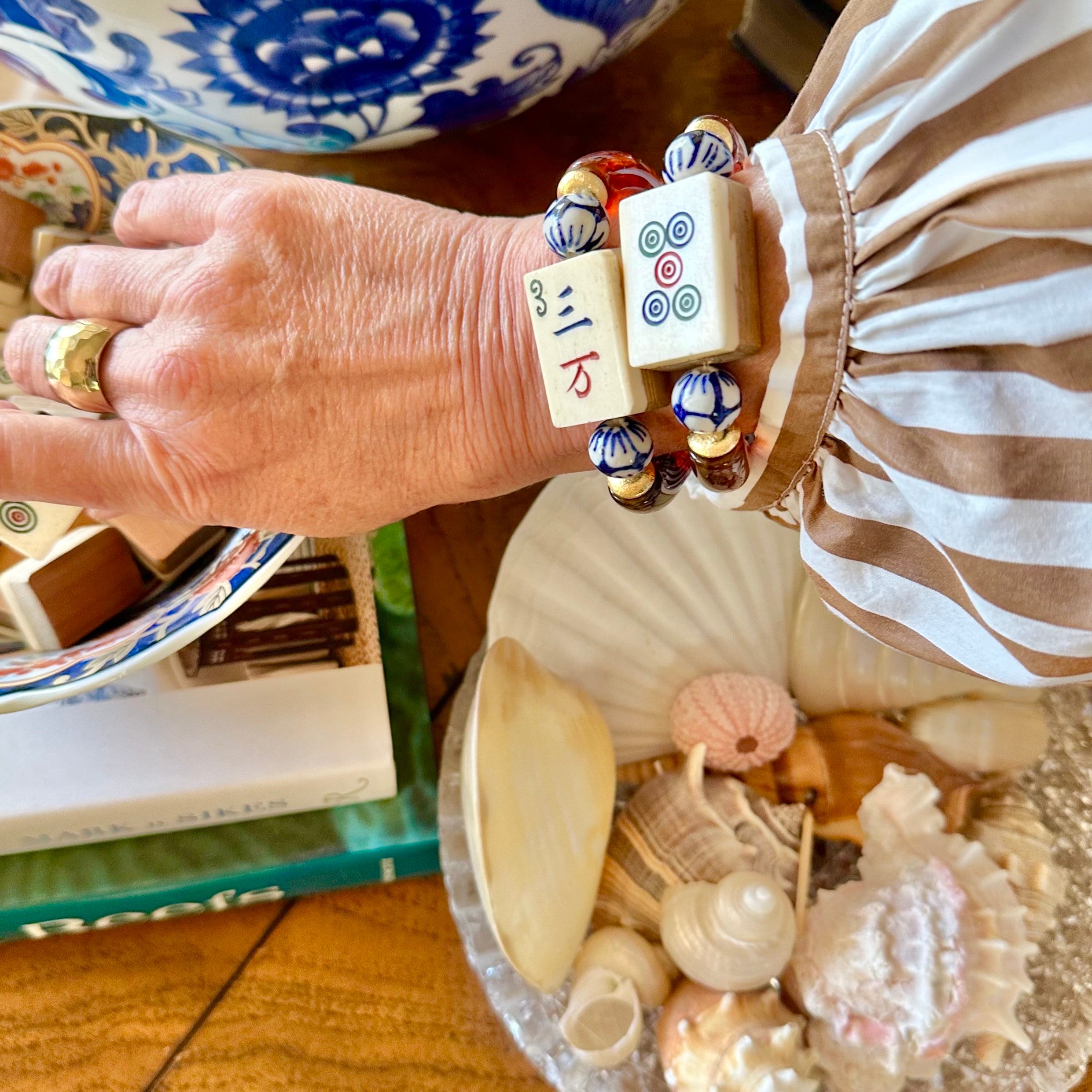 Mahjong Bracelet, Bone and Bamboo Mahjong Tile Beaded Bracelet ...