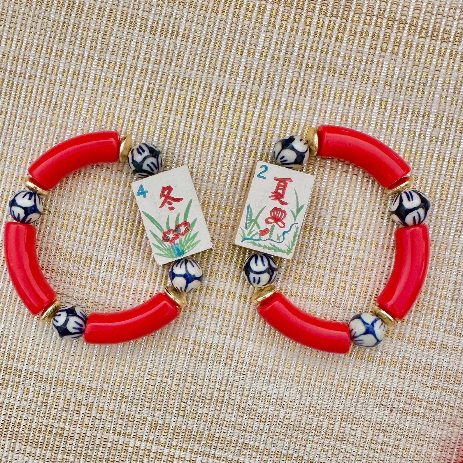 Mahjong Bracelet, Bone and Bamboo or Wood Mahjong Tile Beaded Stretch ...