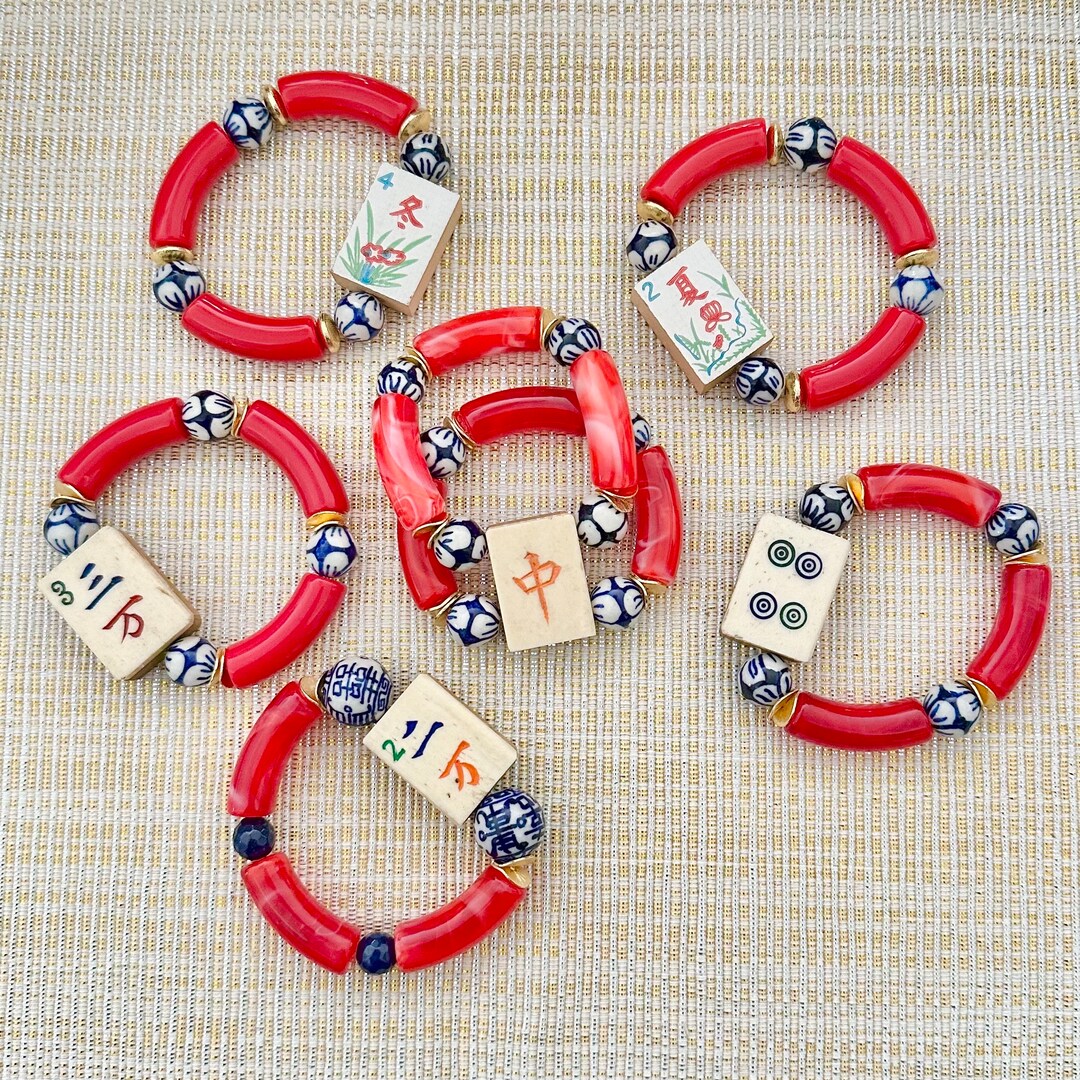 Mahjong Bracelet, Bone and Bamboo or Wood Mahjong Tile Beaded Stretch ...