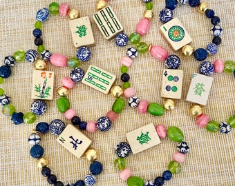 Mahjong Bracelet, Vintage Bone and Bamboo Mahjong Tile Beaded Bracelet ...