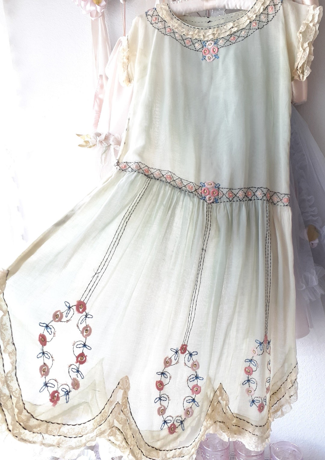 Antique 1920s Art Deco Flapper Embrodered Organdy Day Dress XS ...