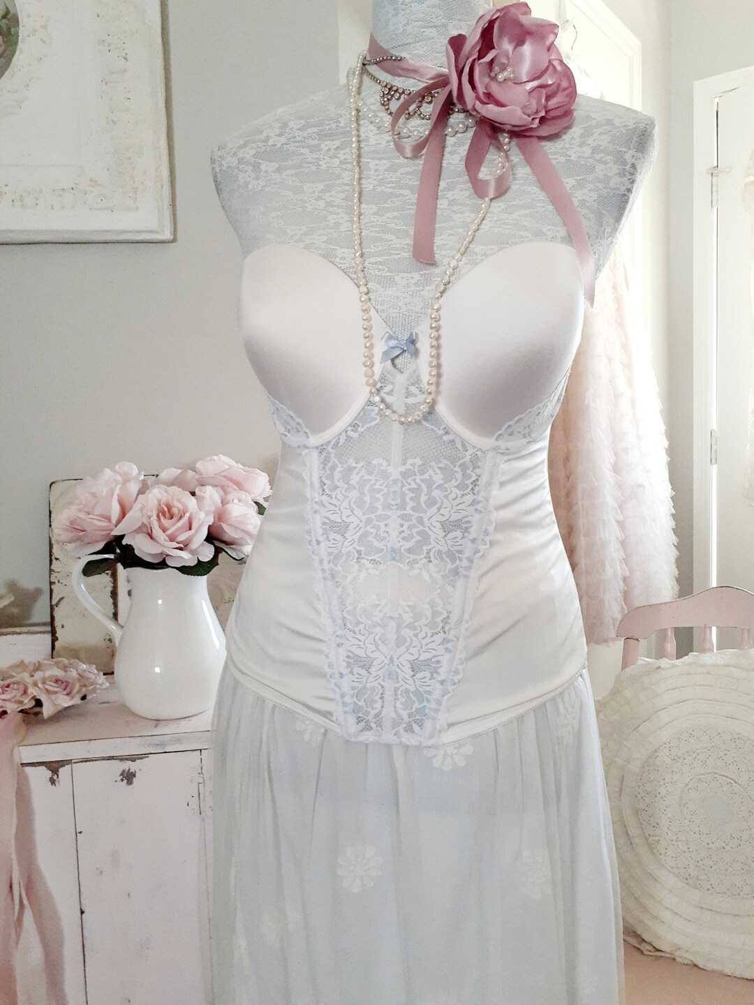 Beautiful Vintage Maidenform White Corset Bustier Blue Lace 34D - Etsy