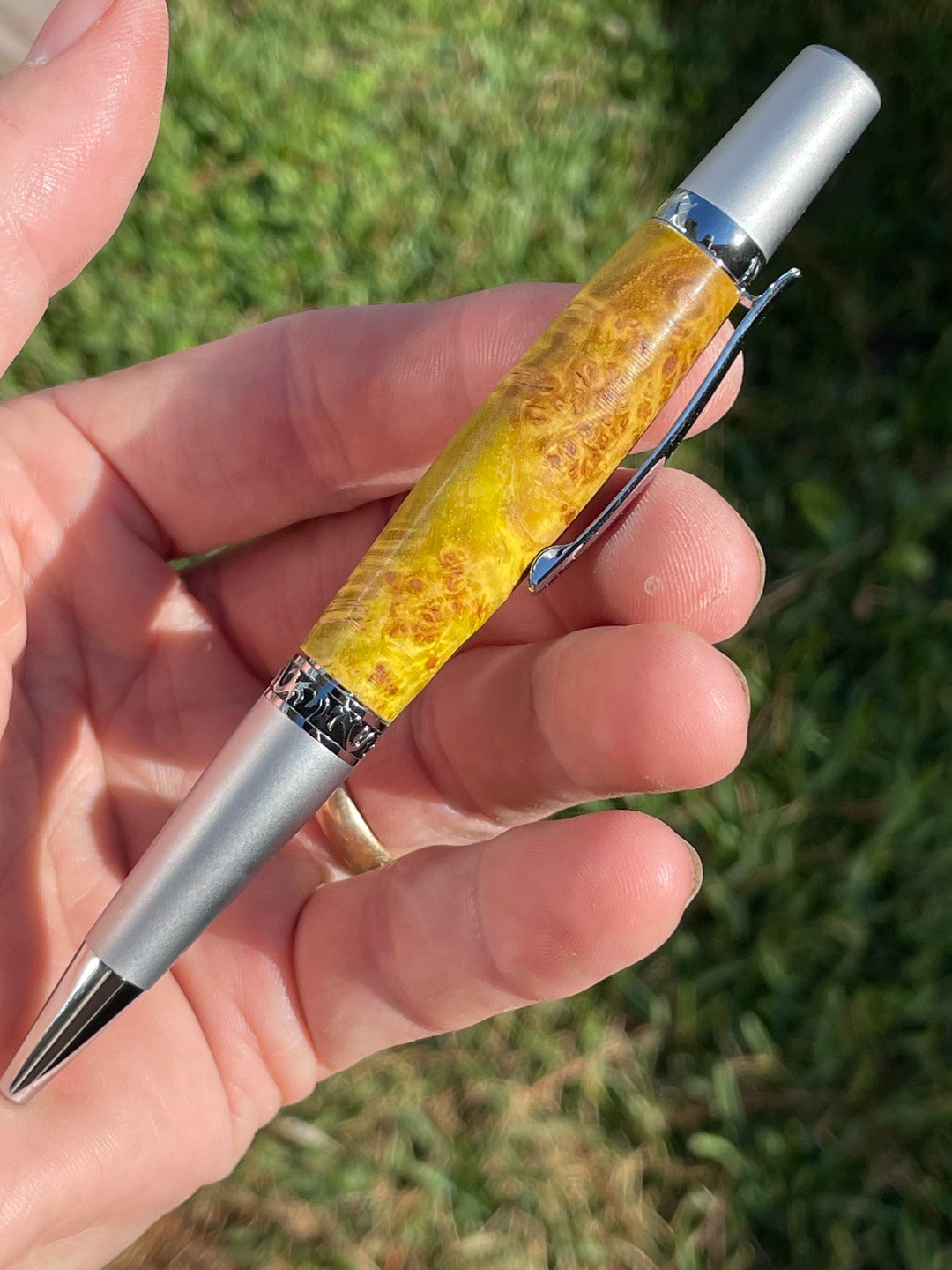 Black Ash Burl Yellow Dyed Ballpoint Pen Satin Silver and Chrome - Etsy