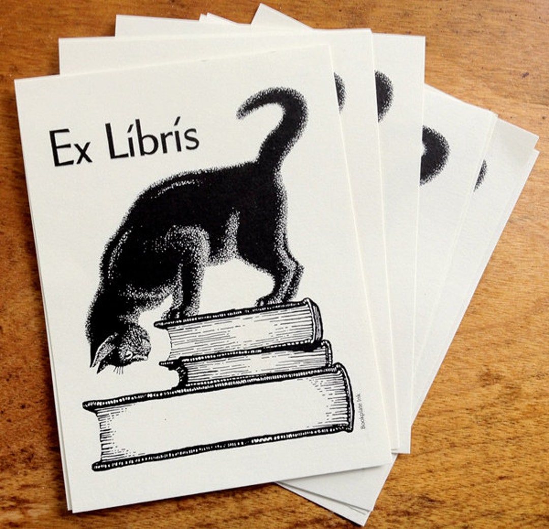 Cat Atop Stack of Book Antioch Bookplate - Etsy