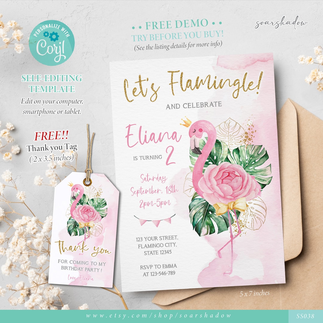 Flamingo Birthday Invitation, Tropical Party, Editable Template (corjl ...