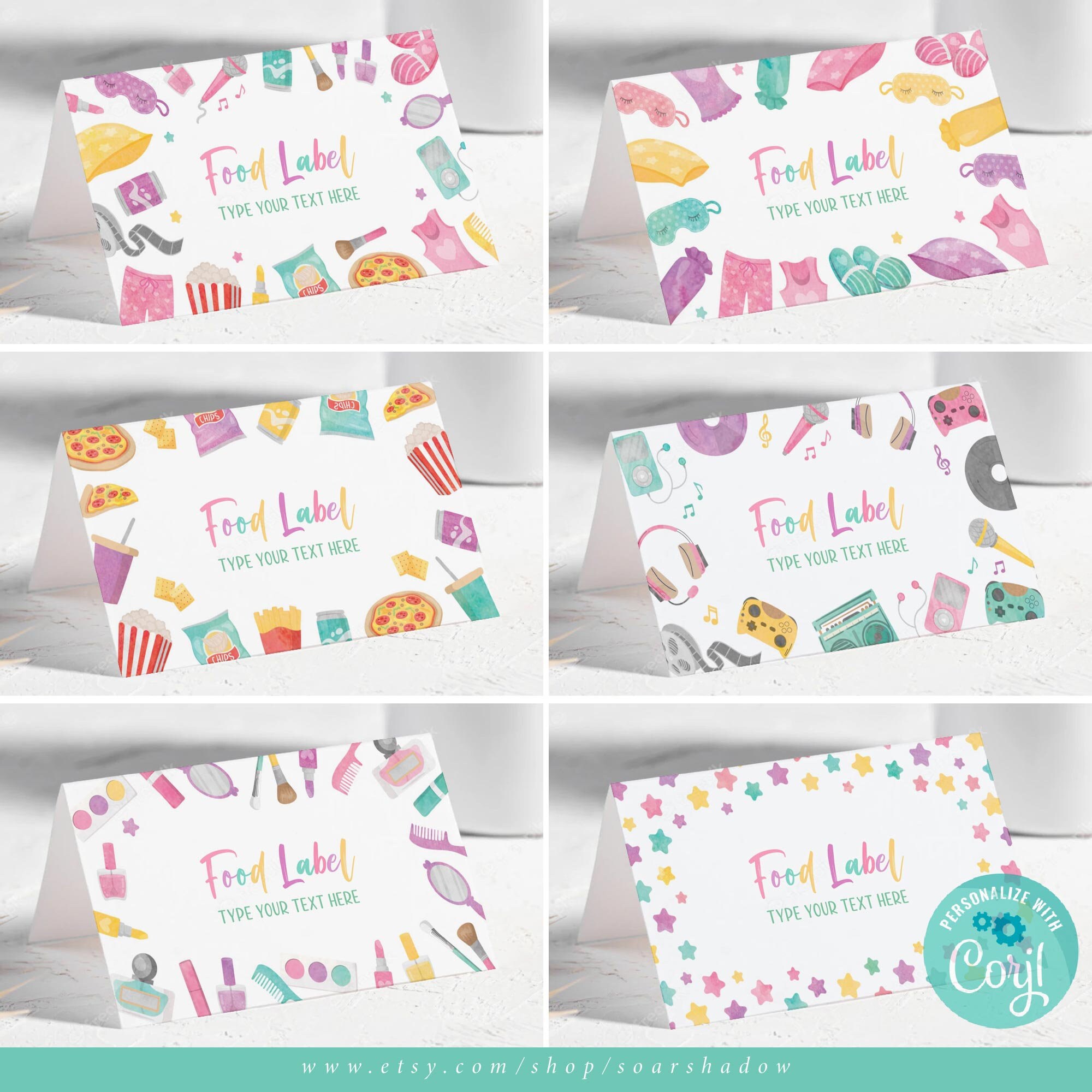 Sleepover Party Food Labels, Slumber Party Tent Card, Pajamas Party ...