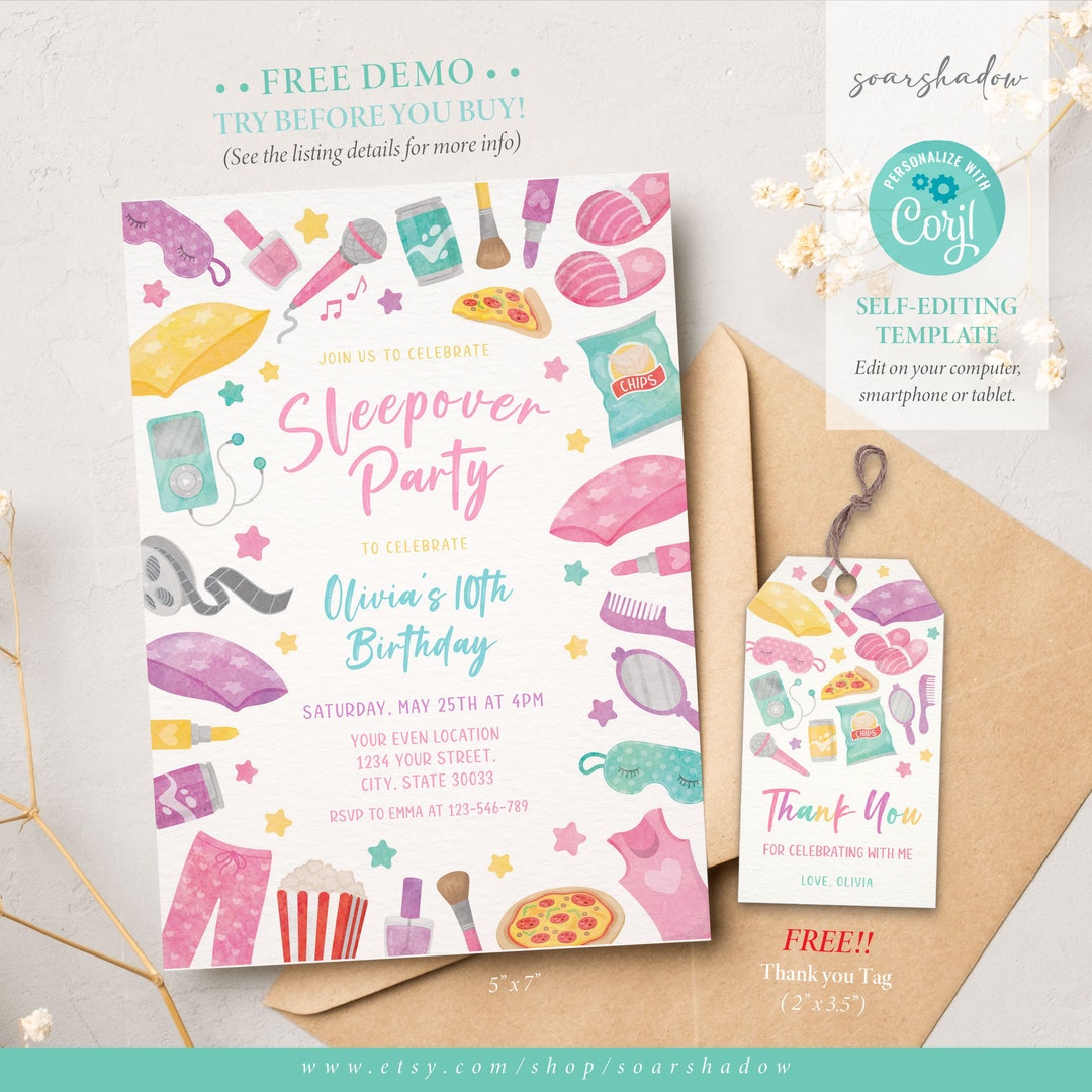 Sleepover Birthday Invitation, Slumber Party Invites, Pajamas Party ...