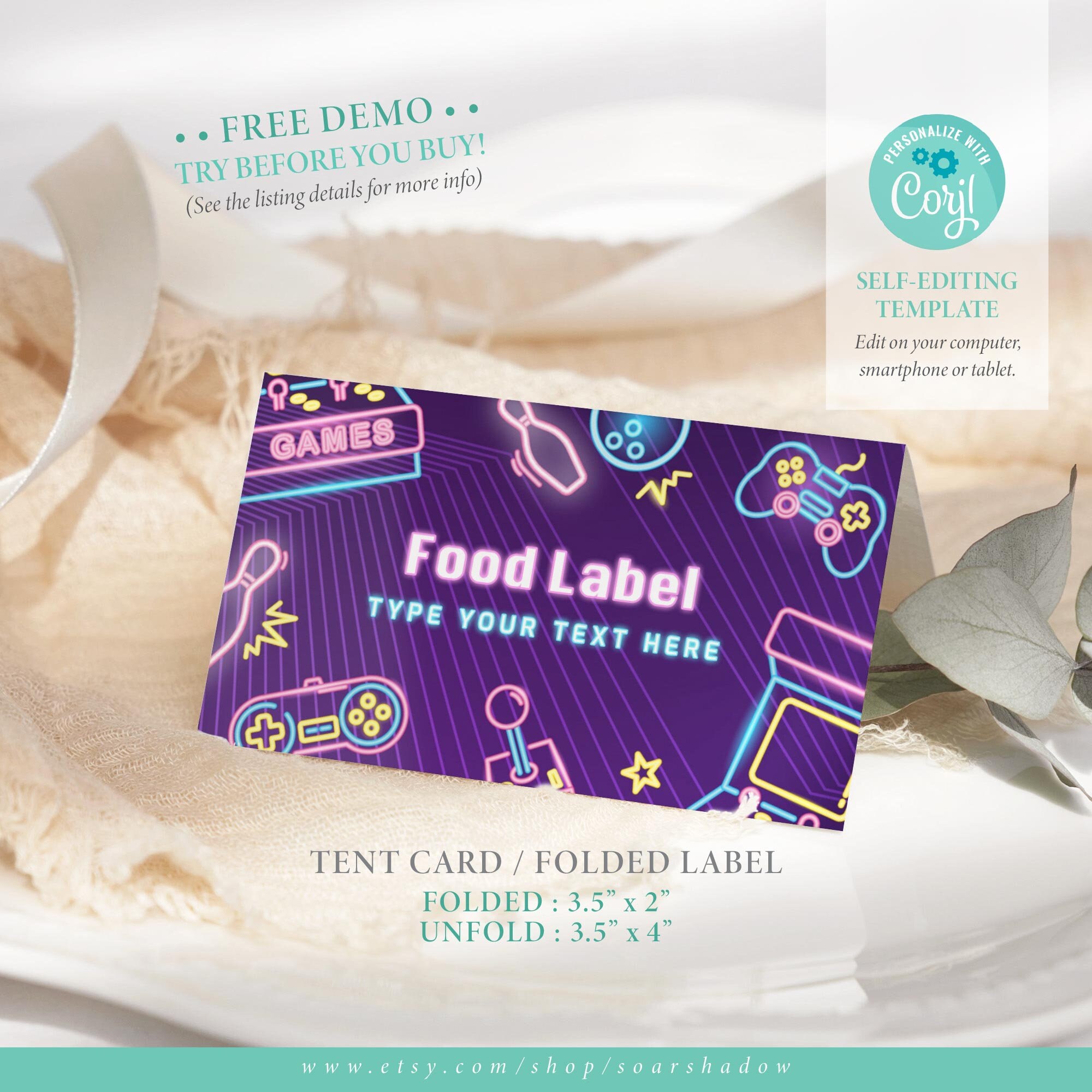Arcade & Bowling Party Food Labels, Arcade Game Party Tent Card, Neon ...