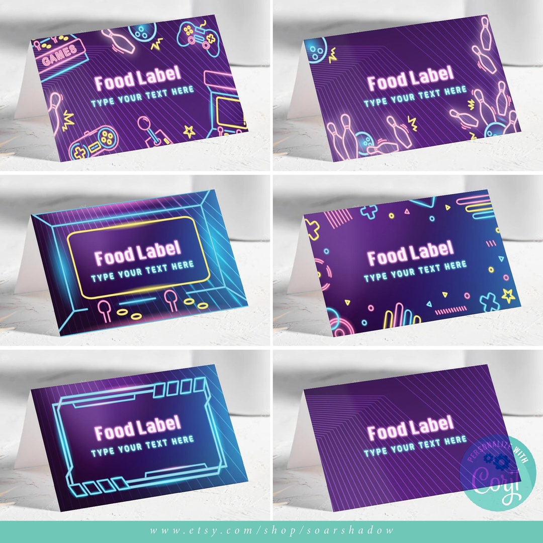 Arcade & Bowling Party Food Labels, Arcade Game Party Tent Card, Neon ...