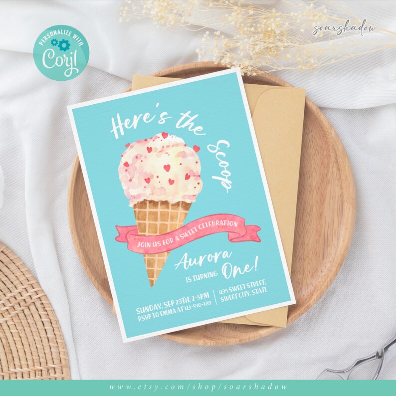 Ice Cream Birthday Invitation, Girls Party Template (corjl Editable) - Etsy