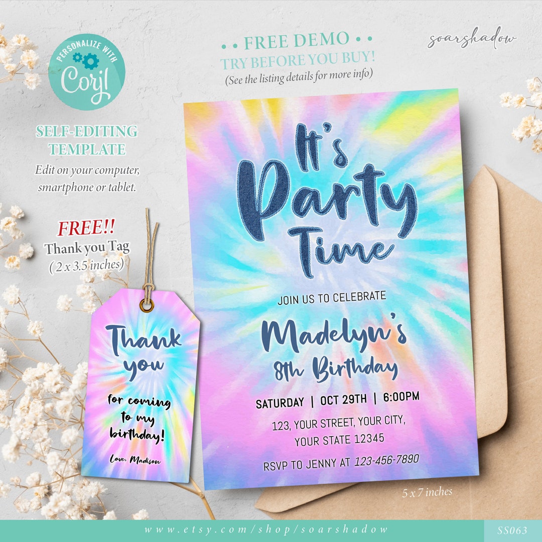 Tie Dye Birthday Invitation, Tie Dye Party Invitation, Editable Template, Tie Dye Thank You Tag ...