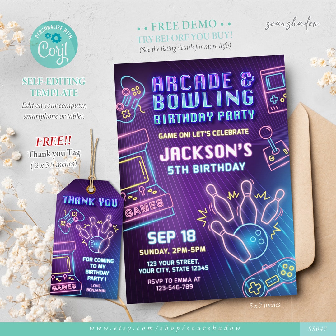 Arcade & Bowling Birthday Invitation, Strike up Invitation, Arcade Game ...