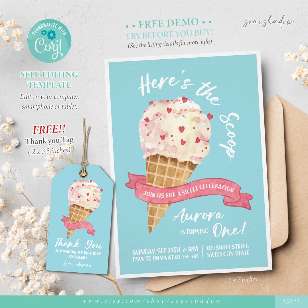 Ice Cream Birthday Invitation, Ice Cream Party Invitation, Ice Cream ...