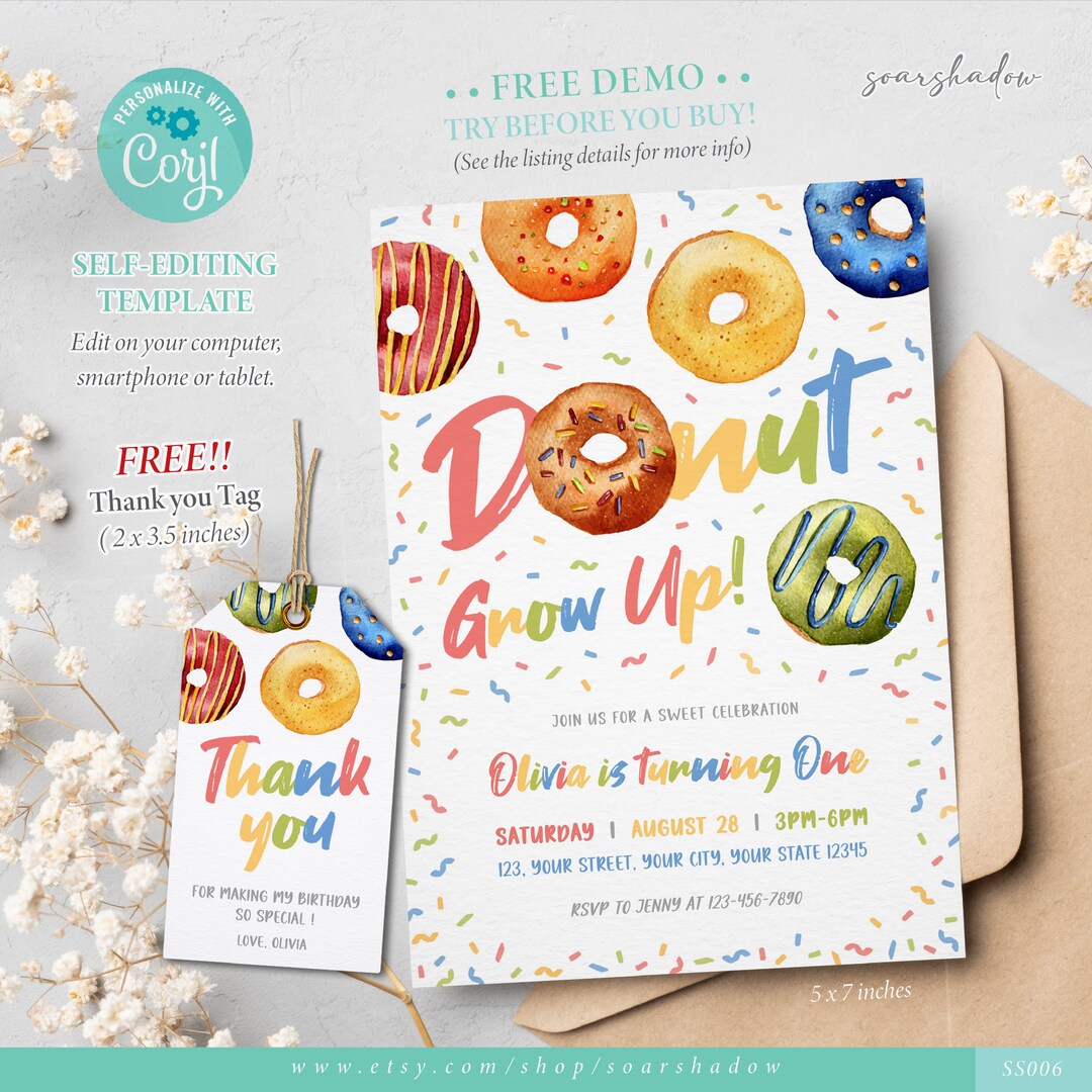 Donut Birthday Invitation, Donut Party Invitation Printable, Donut Grow ...