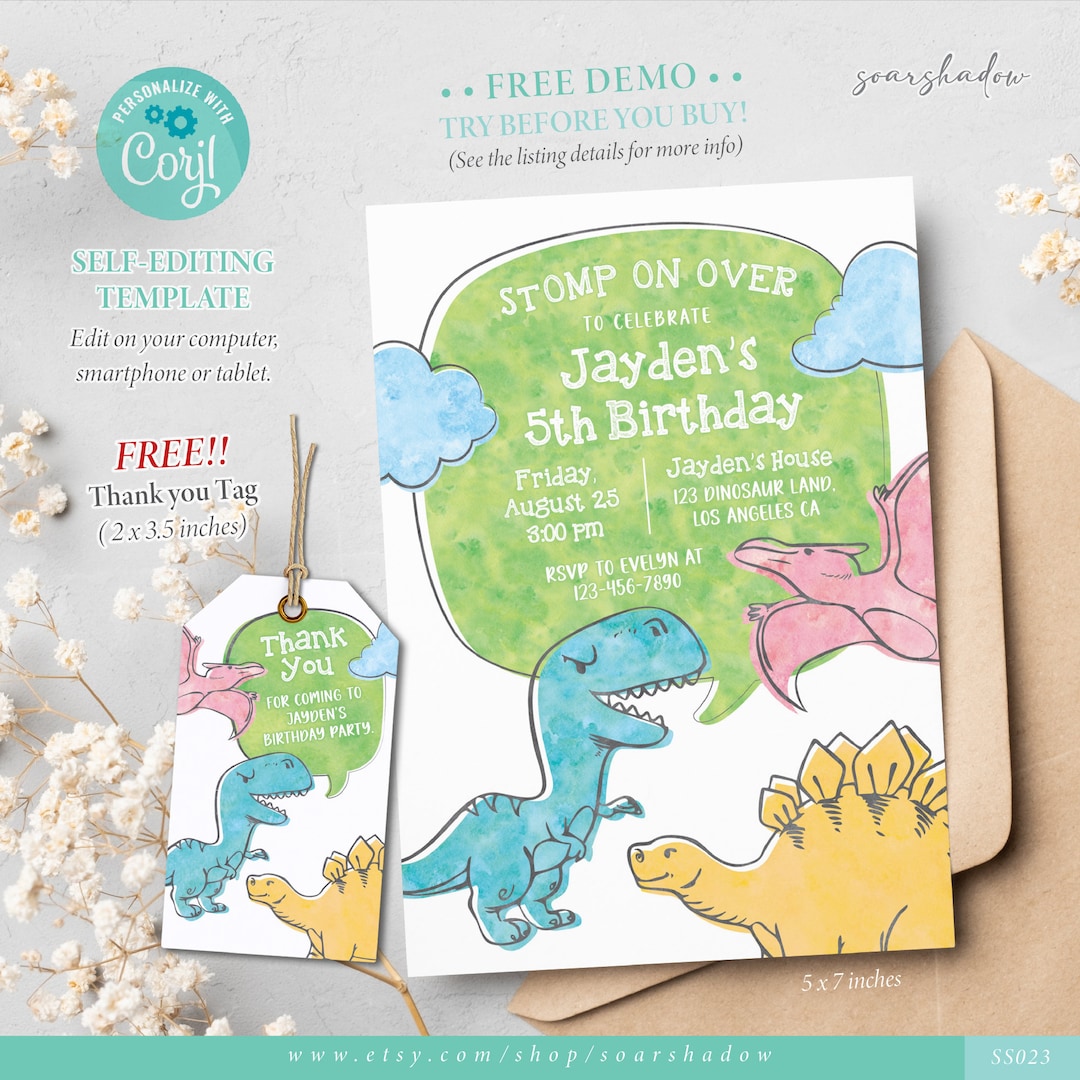 Dinosaurs Birthday Invitation, Dino Boy Birthday Party Invitation ...