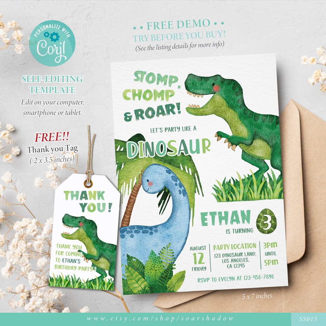 Dinosaurs Birthday Invitation, Dino Party Invitation, Dinosaur Party ...