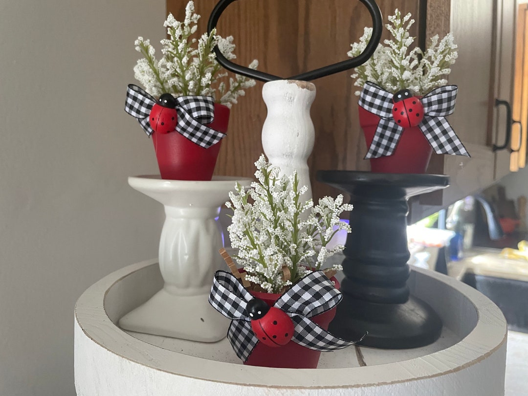 Mini Clay Pots With Little Adorable Lady Bugs. Tiered Tray Decor ...