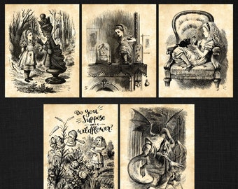 Alice in Wonderland Themed Vintage Style Prints, Set of 5 Stylized ...