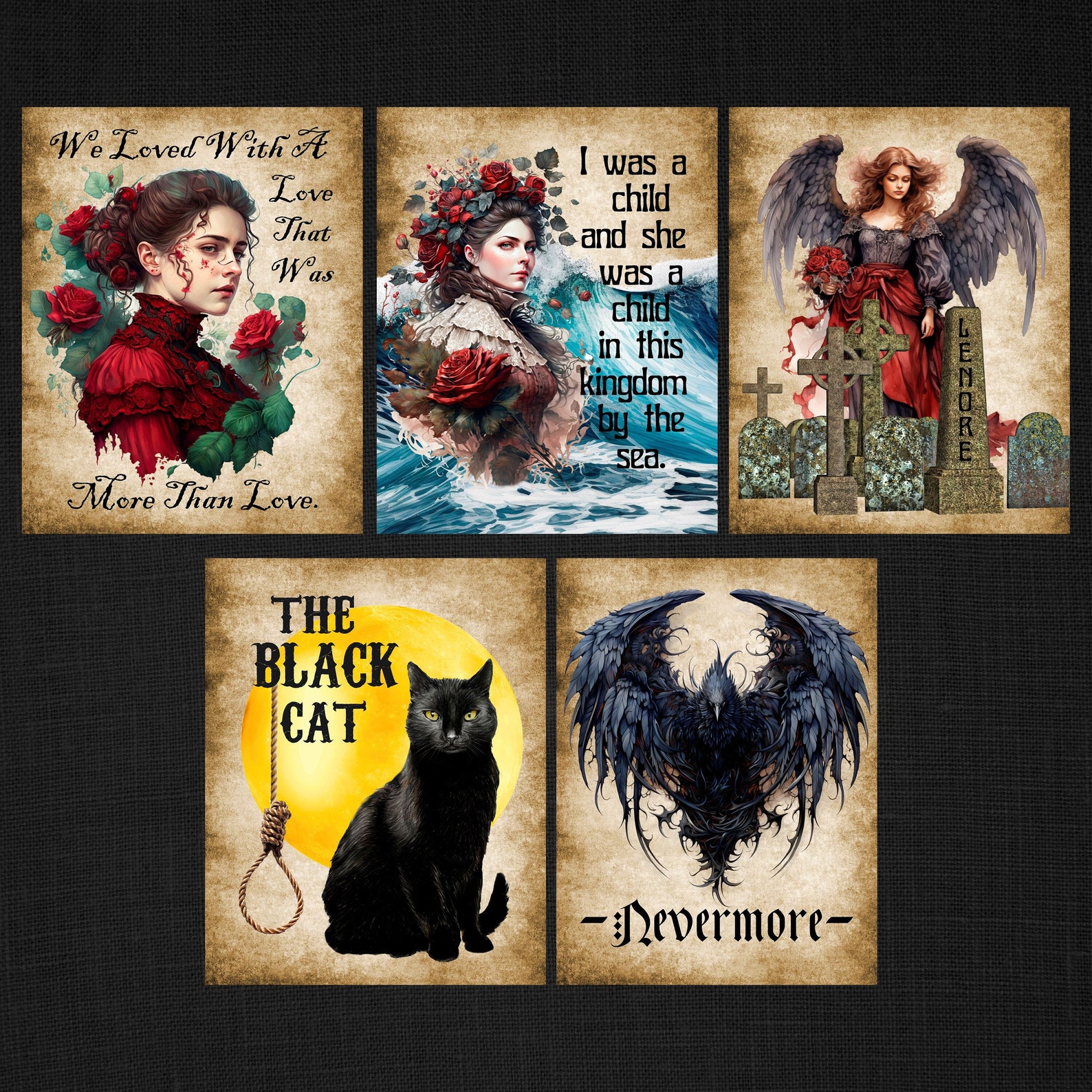 Edgar Allan Poe Prints, Set of 5 Stylized 8 X 10 Prints, Vintage Style ...