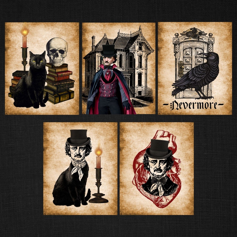 Edgar Allan Poe Prints, Set of 5 Stylized 8 X 10 Prints, Vintage Style ...