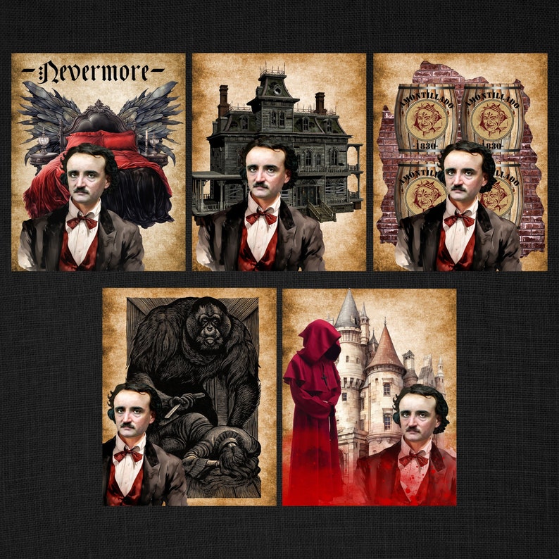Edgar Allan Poe Prints, Set of 5 Stylized 8 X 10 Prints, Vintage Style ...