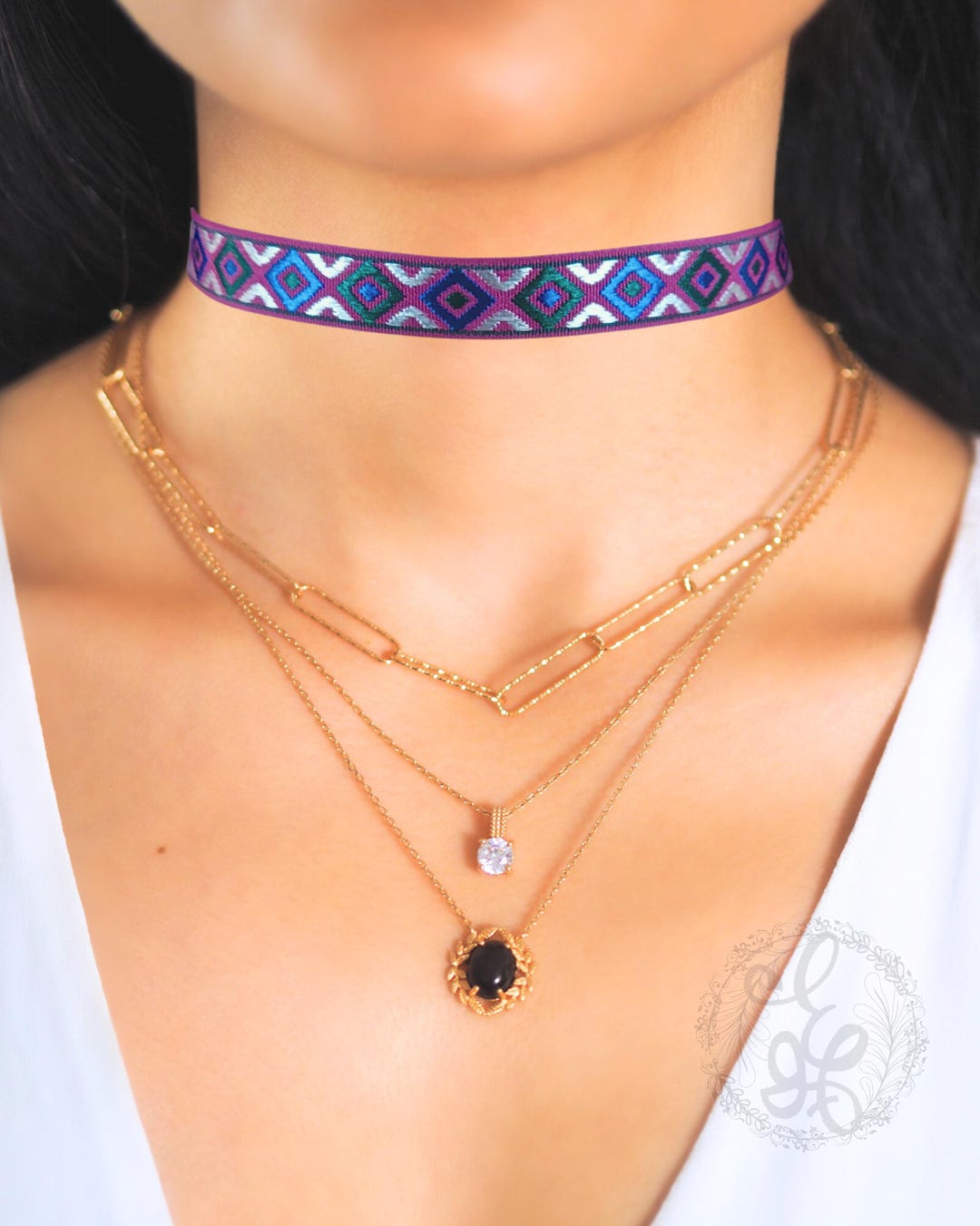 Purple 90s Choker Necklace With Teal, Silver and Blue Geometric Pattern ...