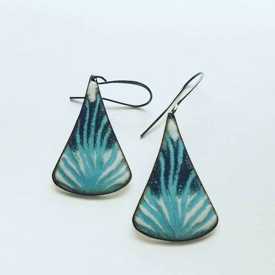 Copper Enamel Earring Turquoise White And Dark Gray Enamel Earrings