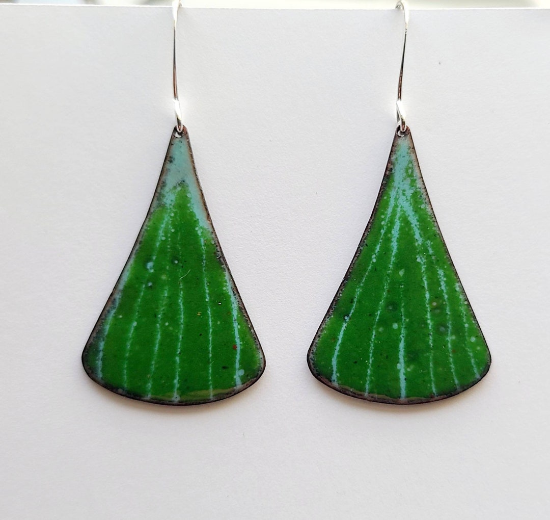 Emerald Green And Turquoise Copper Enamel Earring Sgraffito Enamel