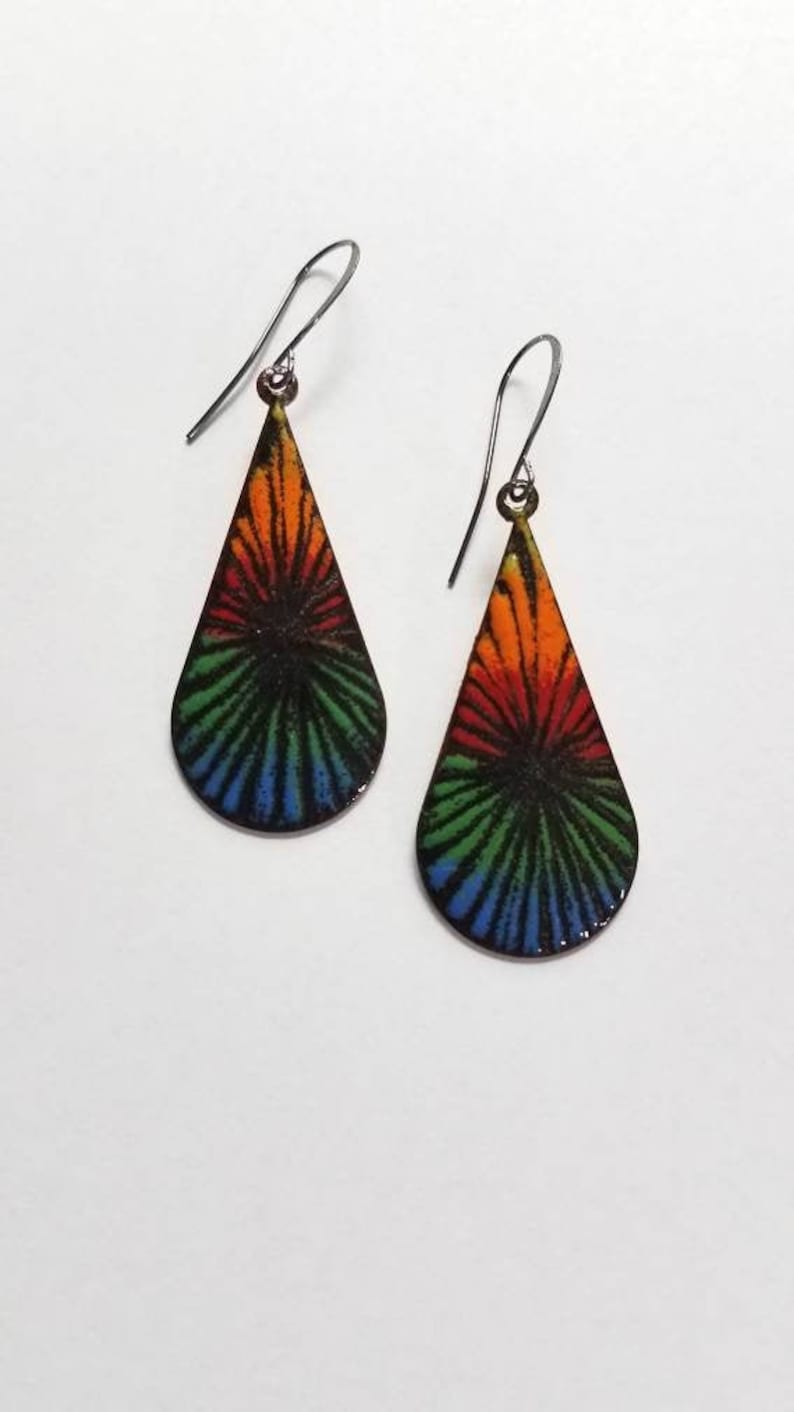 Rainbow Colored Enameled Copper Earrings Sunburst Earrings | Etsy