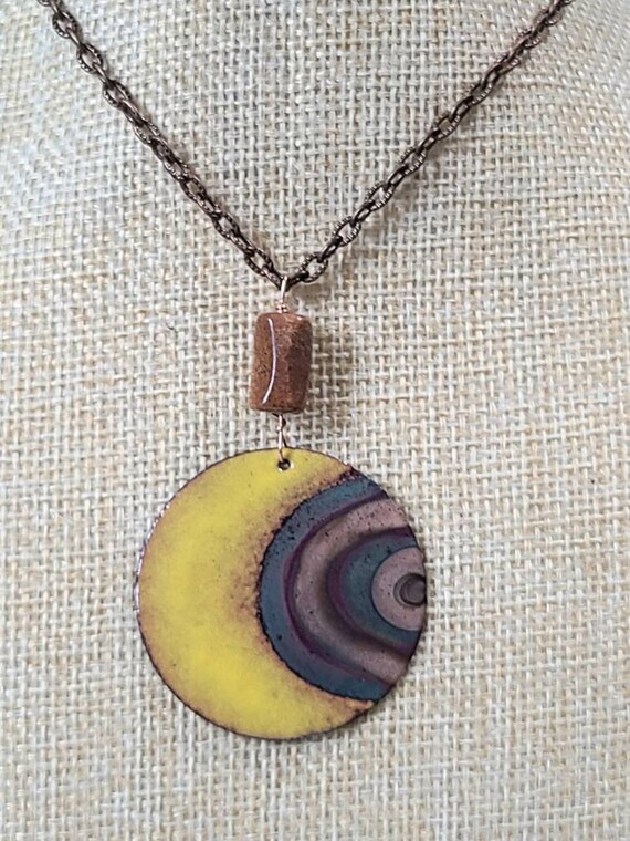 Yellow copper enameled and flame painted moon necklace circle | Etsy