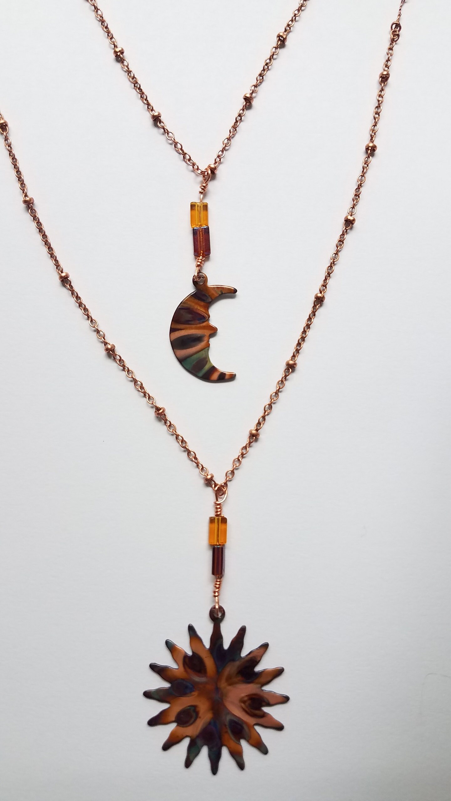 Flame painted copper sun moon layered necklace celestial | Etsy