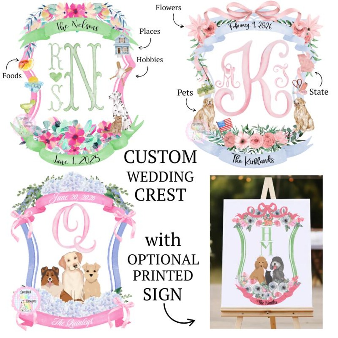 Custom Watercolor Wedding Crest Monogram Logo With Pets, Wedding Crest ...