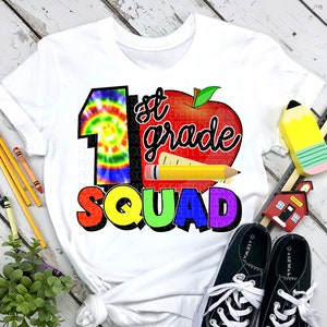 Tie Dye Rainbow 1st Grade Squad Grade Level Shirt First Teacher Apple ...