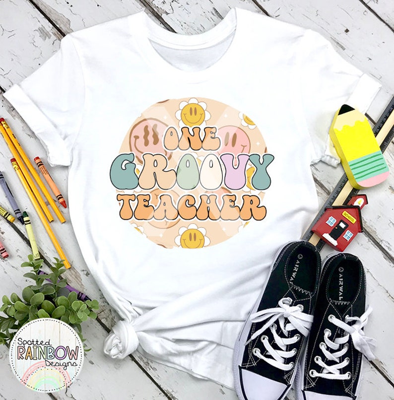 One Groovy Teacher Retro Smiley 70s Pastel Theme Classroom Shirt Back ...