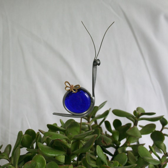 Stained Glass Royal Blue Snail Plant Stake Garden Art | Etsy