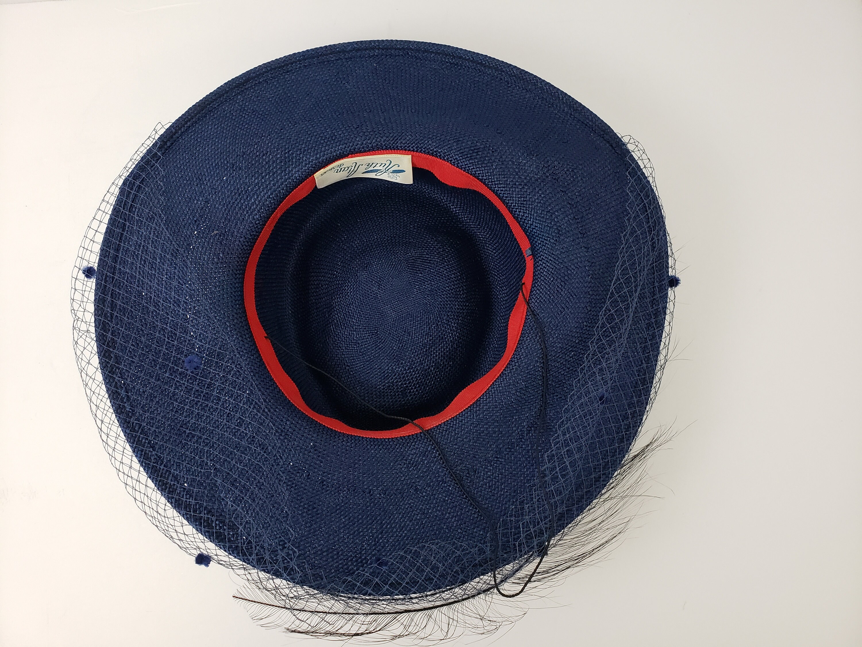 Vintage Ruth Alan Designs Navy Blue Woven Wide Brim Hat With Bow and Polka Dot Mesh Circa 1950's ...