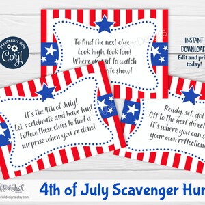 4th of July Scavenger Hunt Clue Cards / Fourth of July Treasure Hunt ...