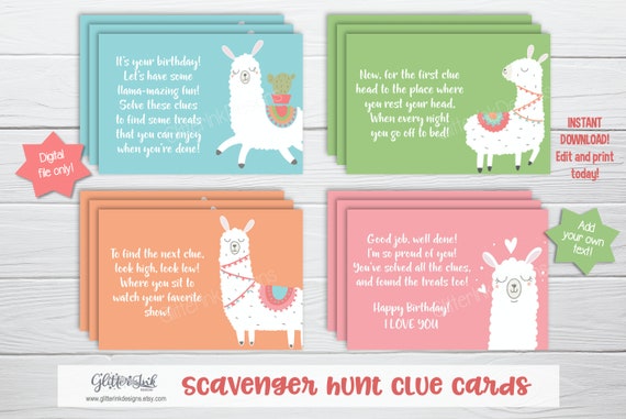 Llama scavenger hunt / Llama party treasure hunt rhyming riddle clues ...