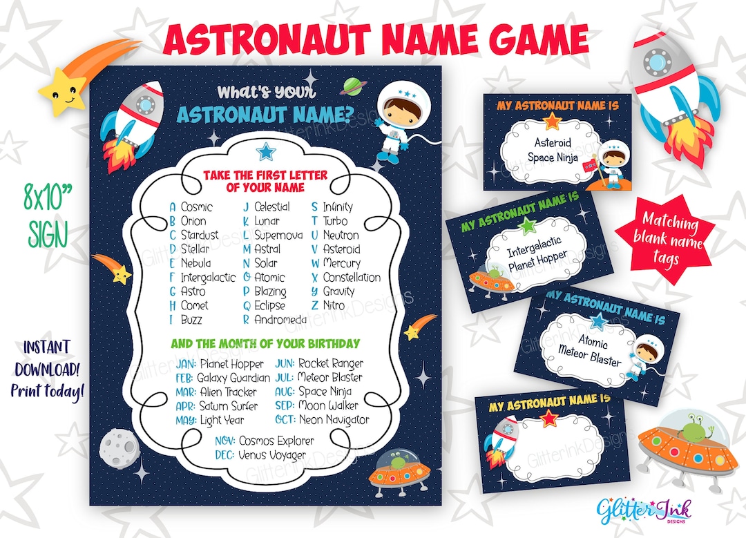 Boy Astronaut Name Game / Printable Outer Space Party Game / Rocket ...