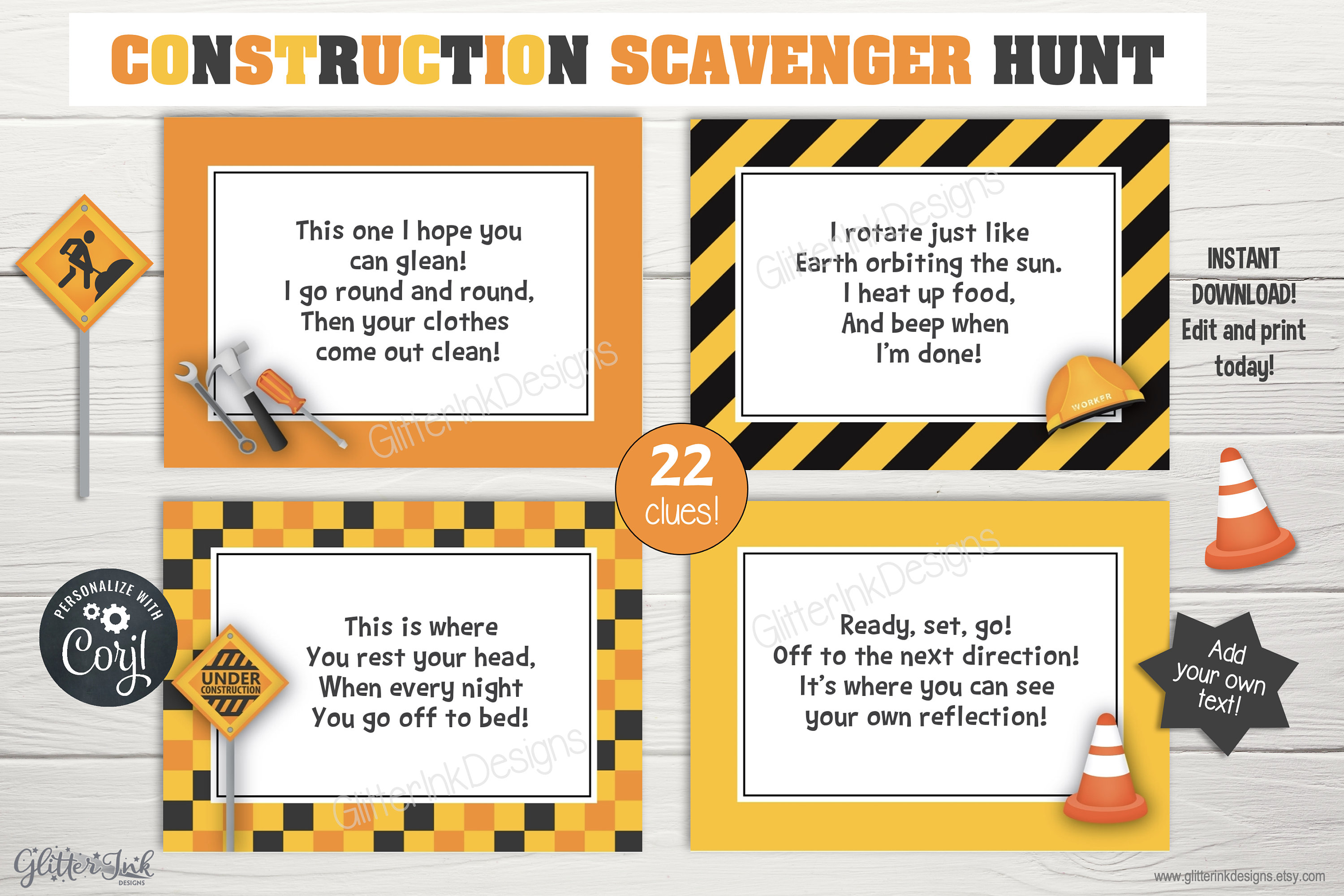 Construction Party Scavenger Hunt Printable Clue Cards, Under ...