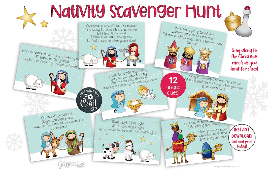 Nativity Scene Christmas Scavenger Hunt Clue Cards, Printable Christmas ...