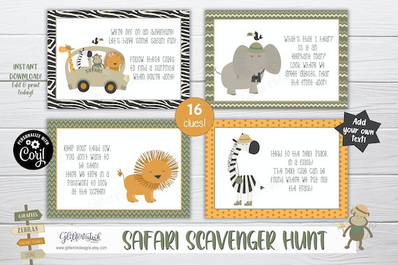 Safari scavenger hunt clue cards / Jungle treasure hunt clues / jungle ...